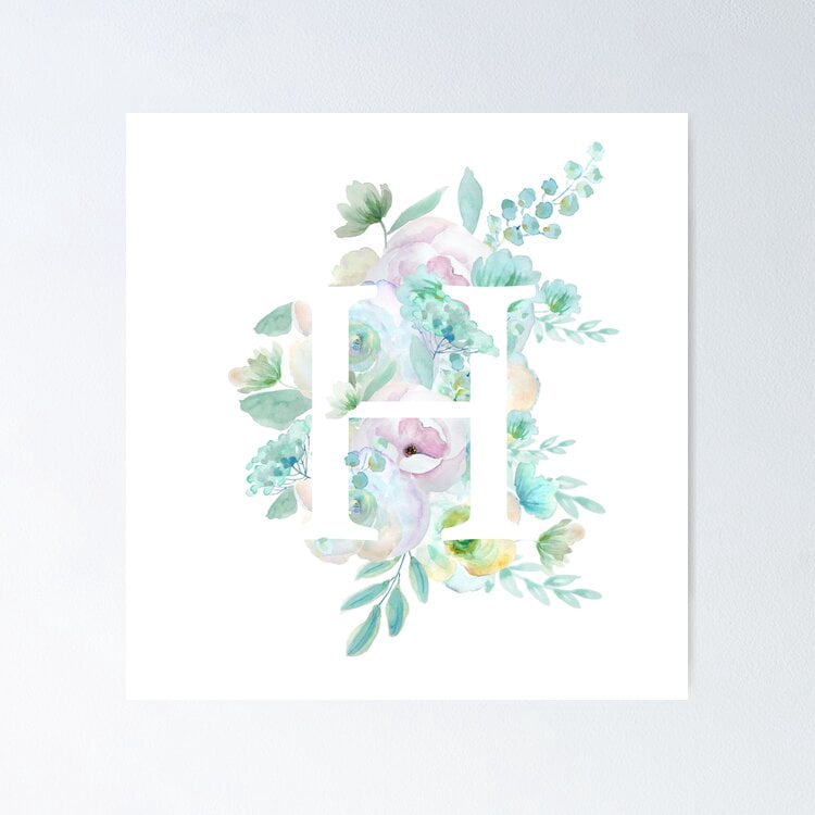Poster Botanical Alphabet H Green And Purple Flowers Hand Painted - No ...