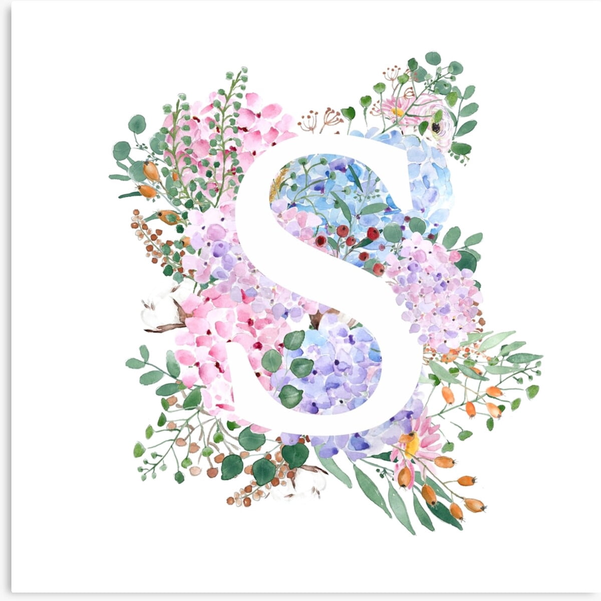Poster Botanical Monogram Alphabet S Hydrangea Flowers Poster No Framed ...