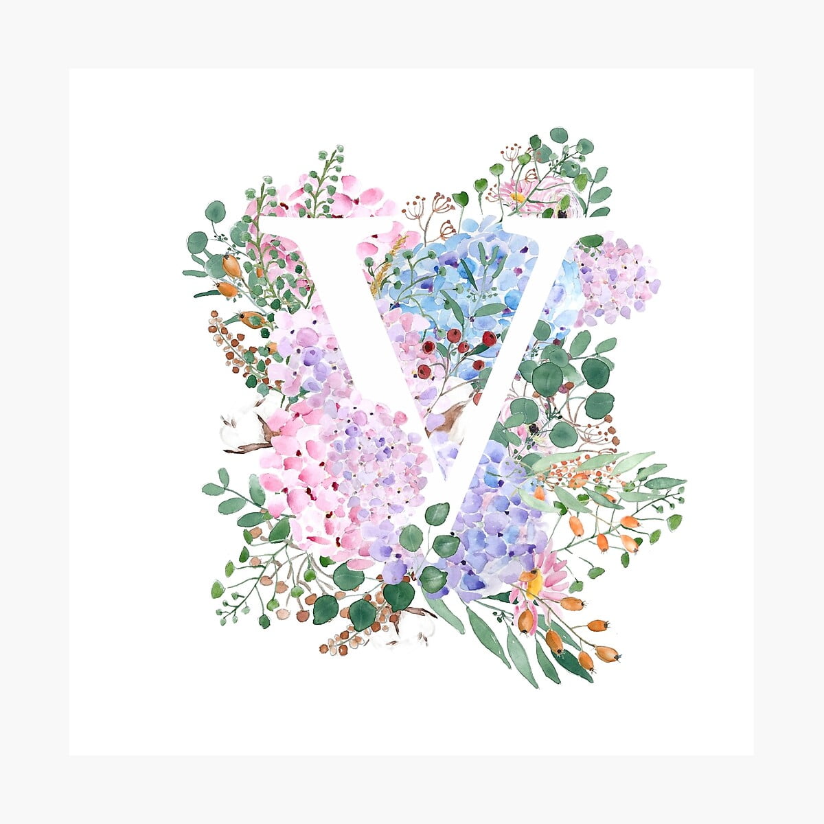 Poster Botanical Monogram Alphabet V Hydrangea Flowers Poster No Framed ...