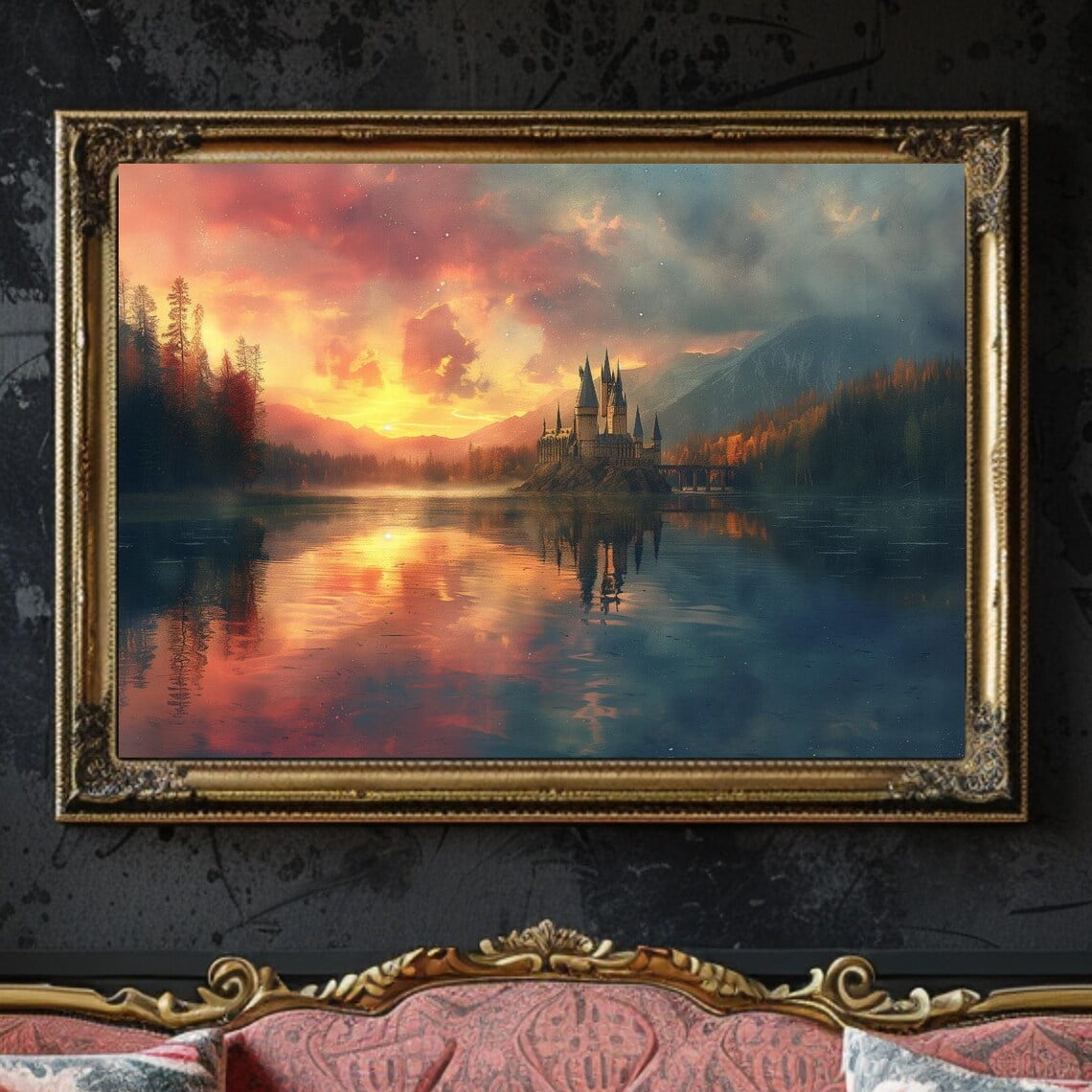 Poster Castle On Lake In Twilight Vintage Style Art Print Magic School ...