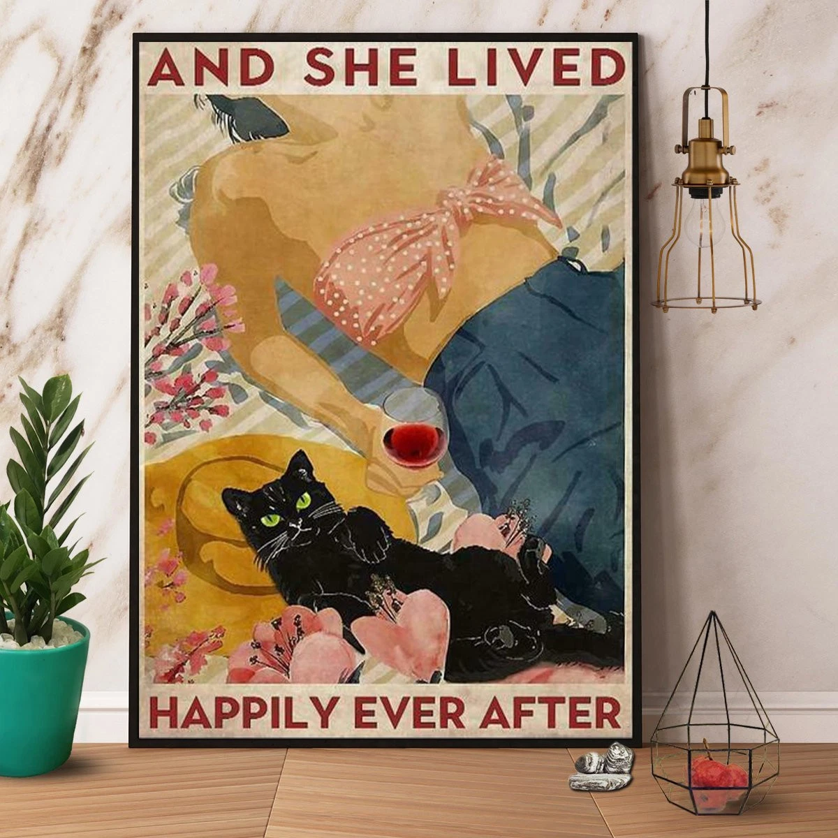Poster Cat & Wine And She Lived Happily Ever After Paper No Frame Matte ...