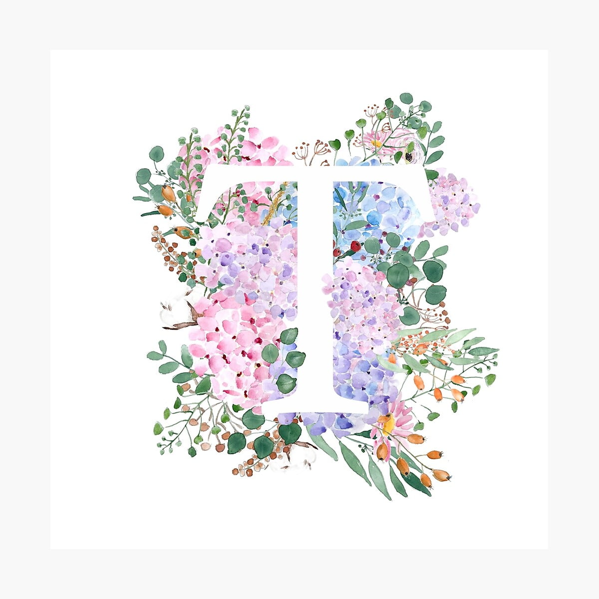 Poster Cbotanical Monogram Alphabet T Hydrangea Flowers Poster No ...