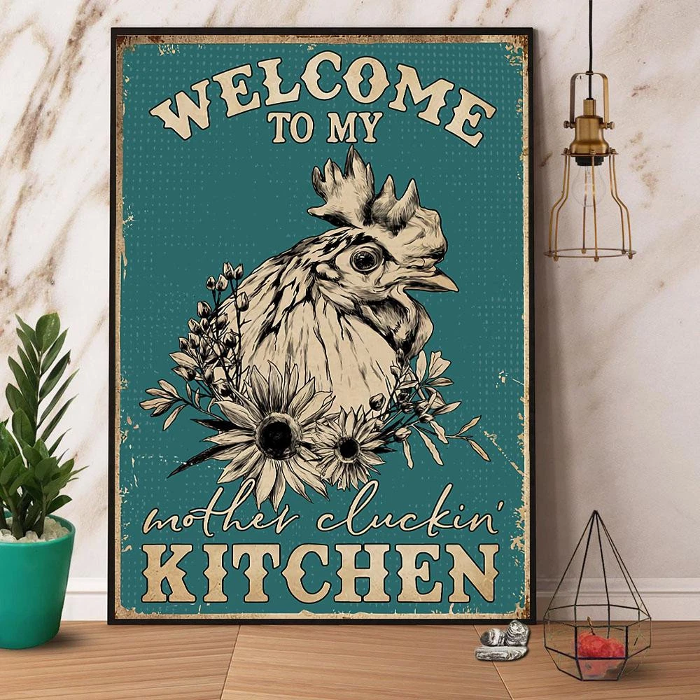 Poster Chicken Welcome To My Mother Cluckin' Kitchen Retro Green Paper ...
