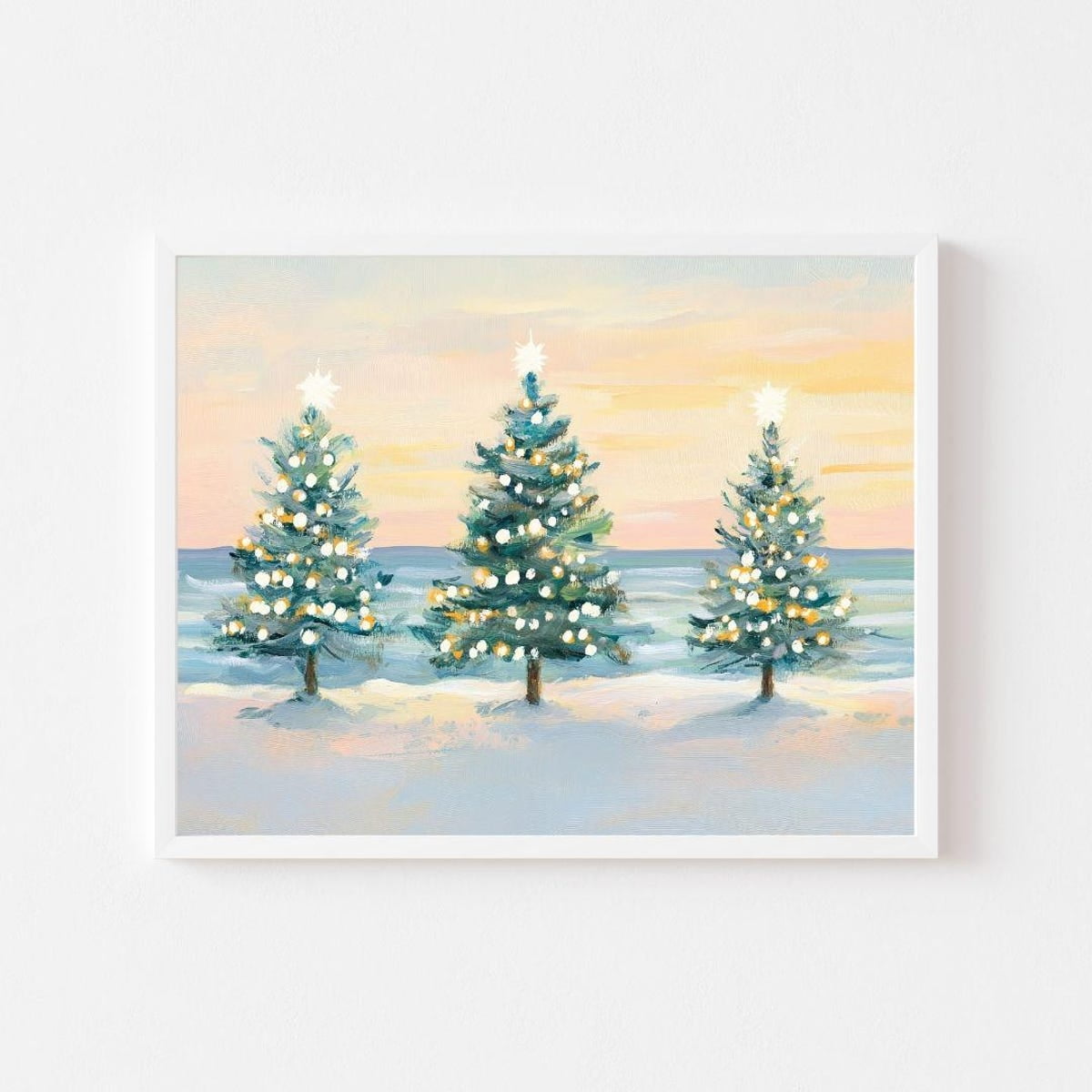 Poster Christmas Trees On The Beach Painting | Pastel Coastal Holiday ...