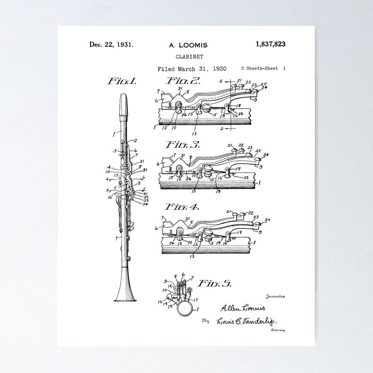 Poster Clarinet Woodwind Instrument Patent Art 1 White Background ...