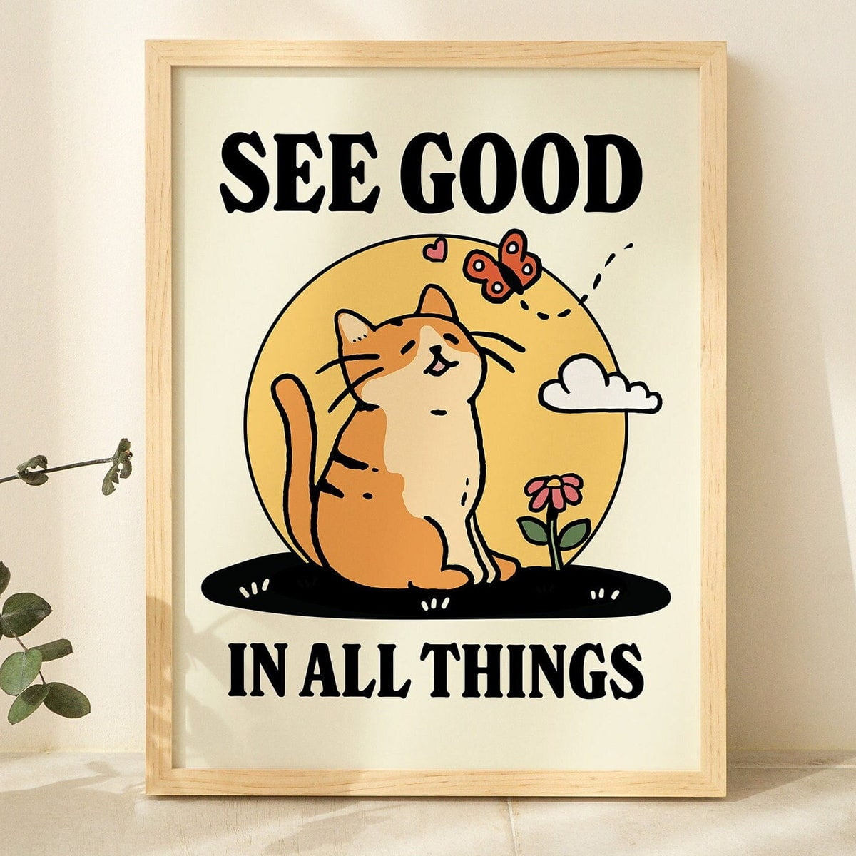 Poster Colorful Cat Illustration Print, See Good Quote, Cute Butterfly ...