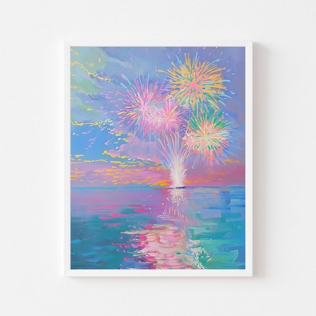 Poster Colorful Coastal Fireworks Painting | Fourth Of July Ocean Art ...