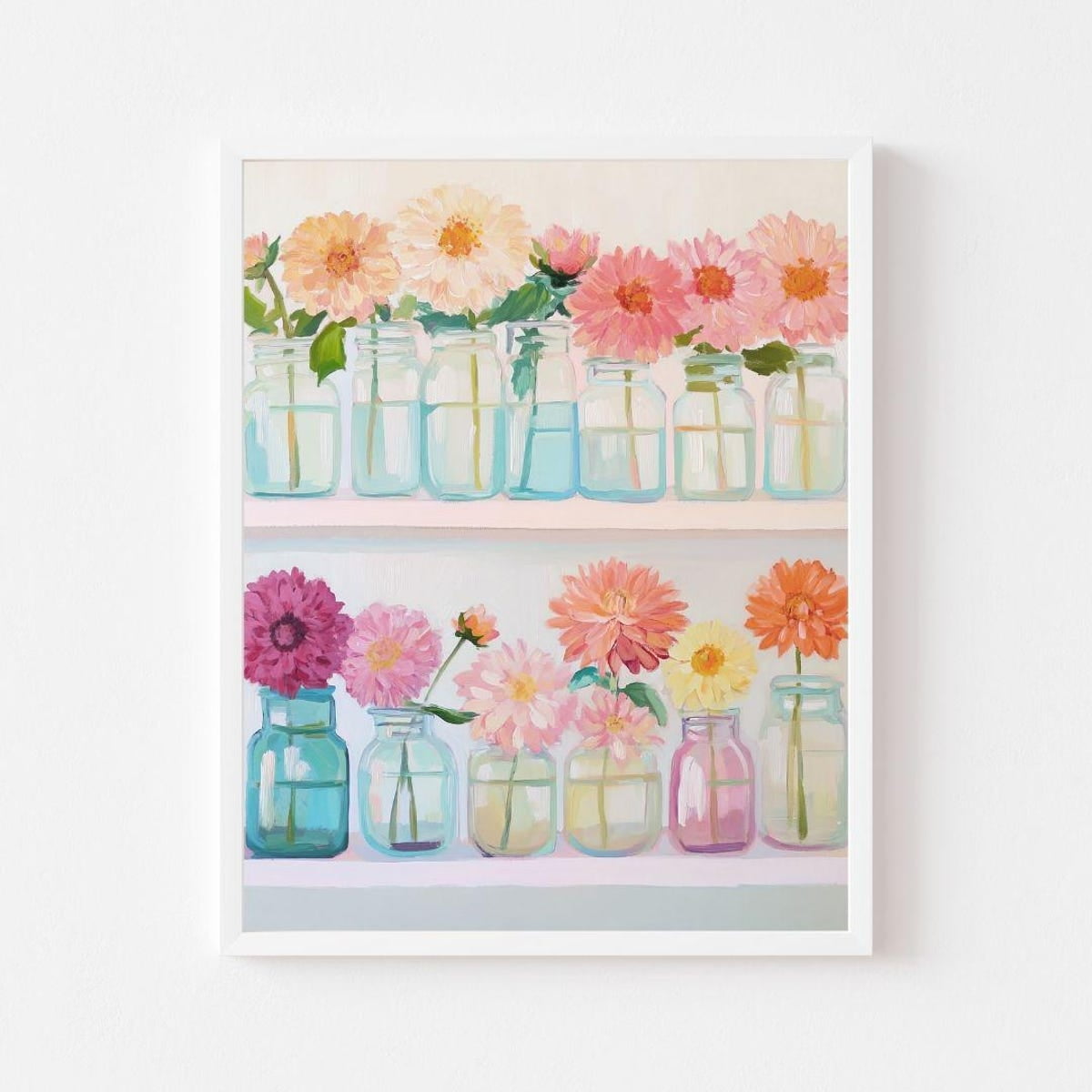 Poster Colorful Dahlias In Mason Jars Painting | Floral Glass Vase Wall ...
