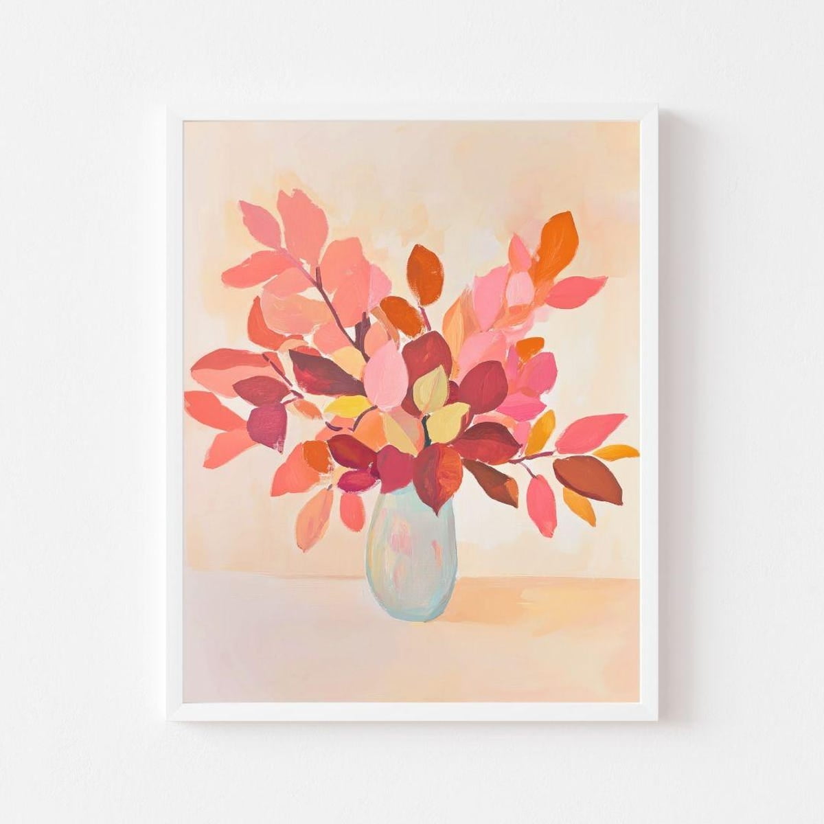 Poster Colorful Fall Foliage In Vase Painting | Autumn Bouquet Wall Art Print | Pink Orange Leaf ...