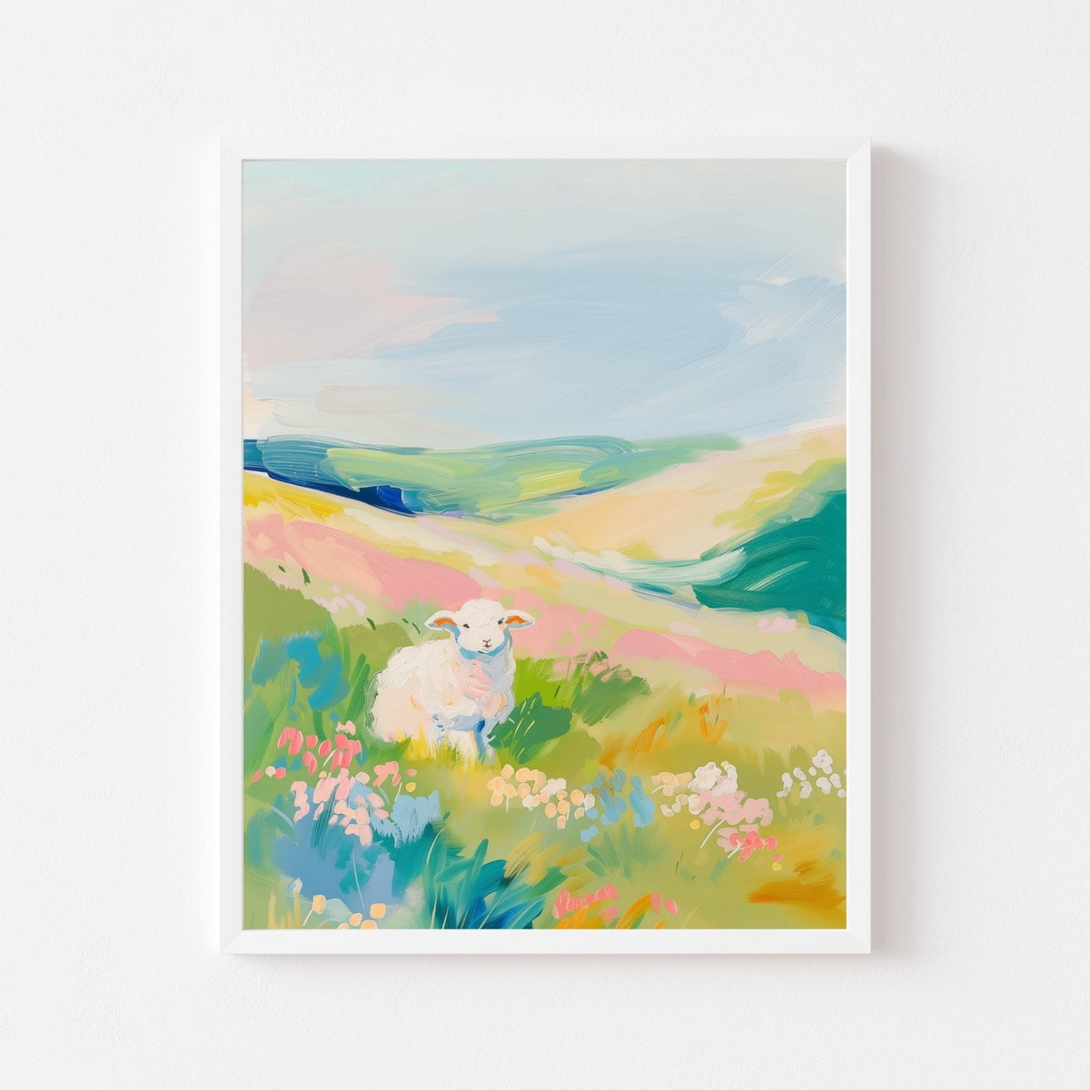 Poster Colorful Lamb Easter Painting | Spring Meadow Landscape Wall Art ...