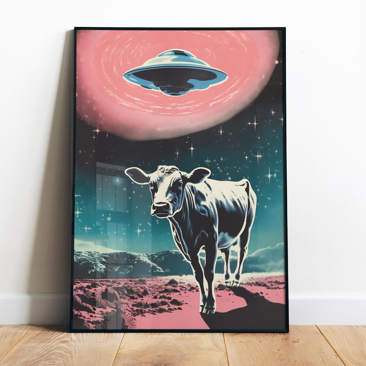 Poster Cow Abduction Print Funny Cow Print Ufo With Cow Retro Ufo ...