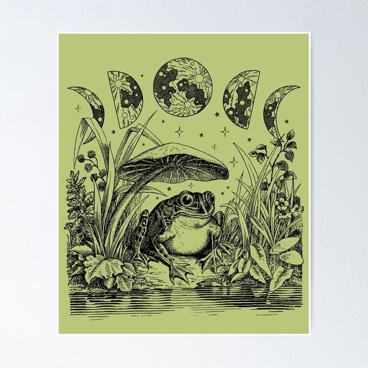Poster Cute Cottagecore Frog With Mushroom And Moon: A Witchy Vintage ...
