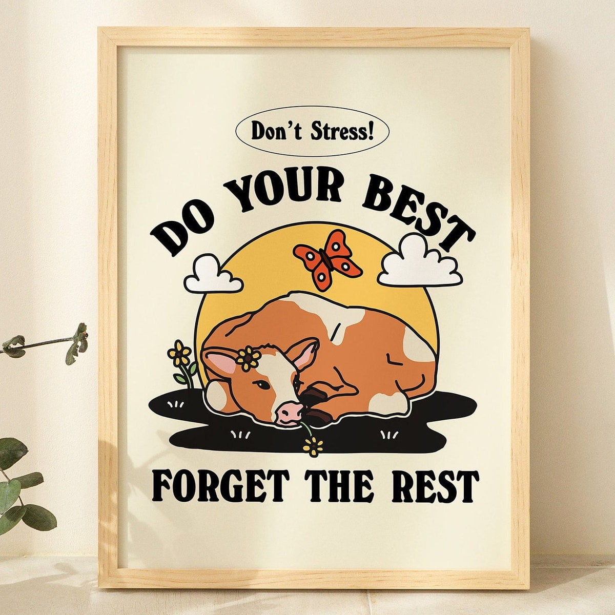 Poster Cute Cow Butterfly Print, Do Your Best Quote, Retro Posters ...