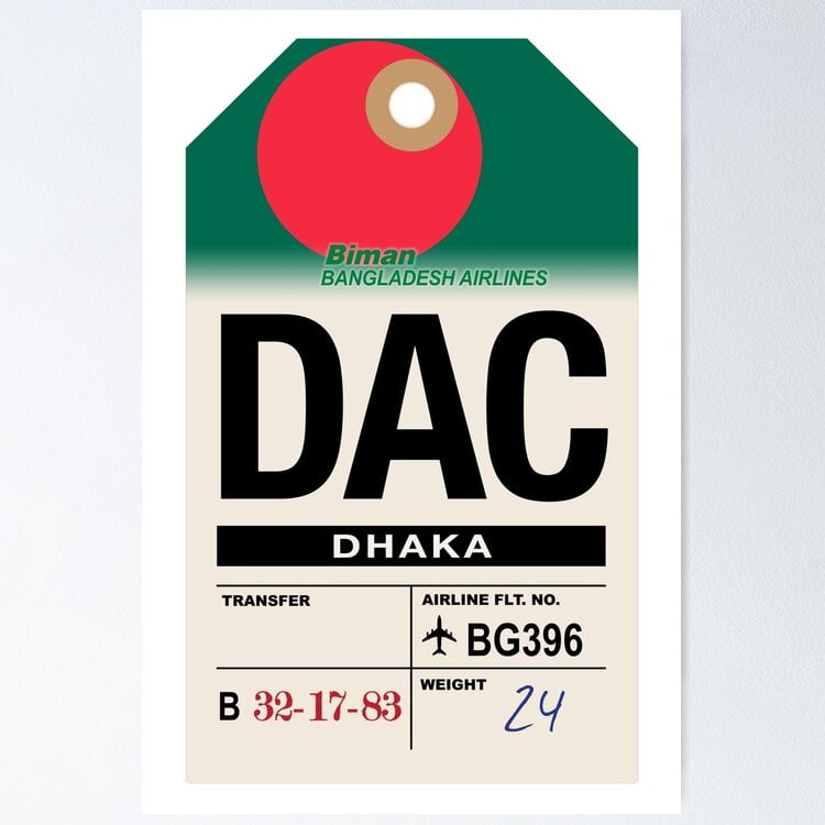 Poster Dhaka (Dac) Bangladesh Airline Luggage Tag - No Framed, Vintage Wall Art, Trendy Retro ...