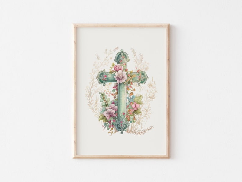 POSTER Easter Christian Wall Art, Christian Cross Art, Floral Easter ...