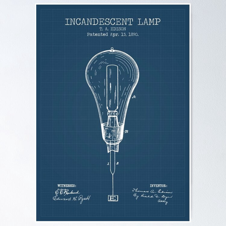 Poster Edison Light Bulb Blueprint Patent Poster No Framed, 12x18 ...