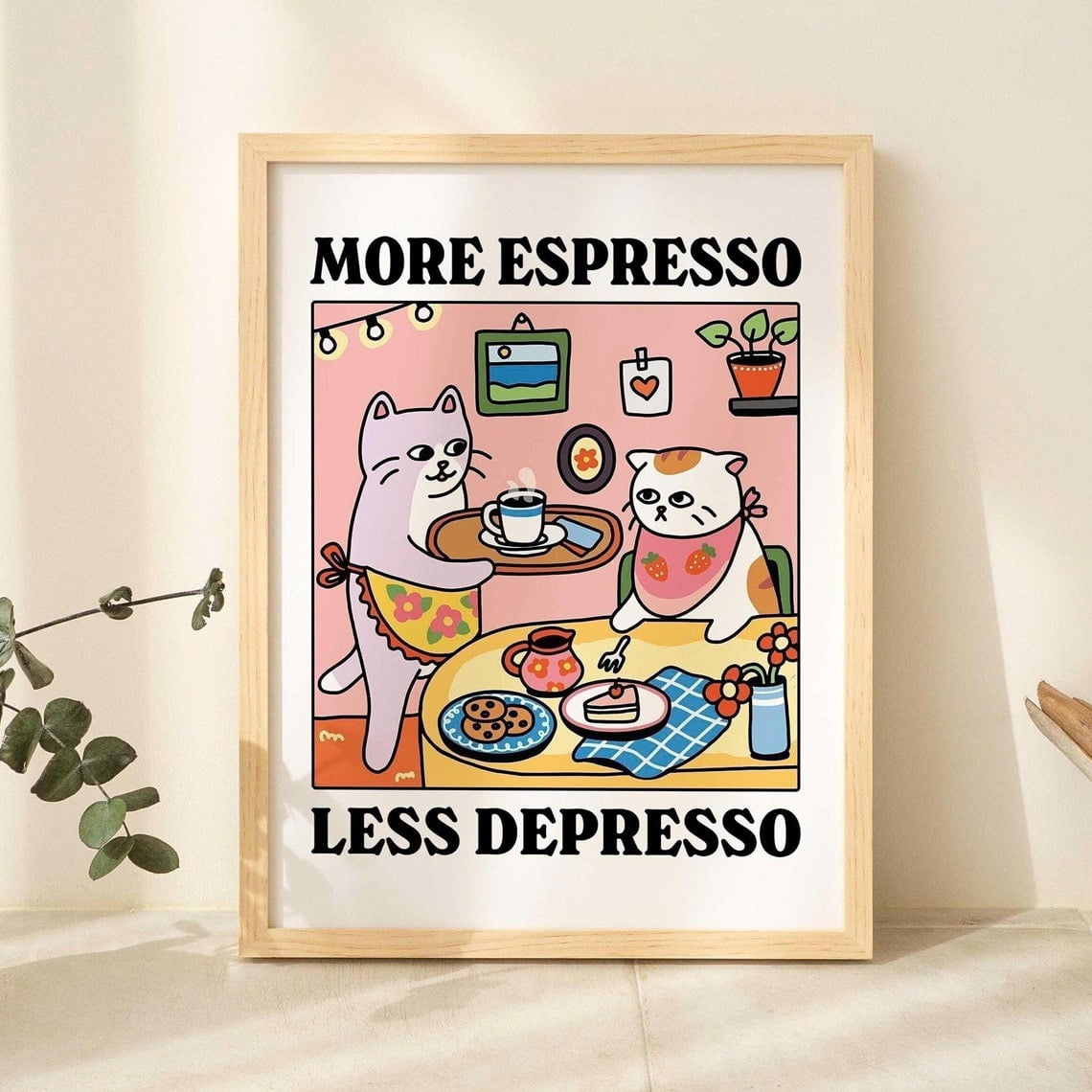 Kna Prints - More Espresso Less Depresso White Cat Wall Print, Coffee ...