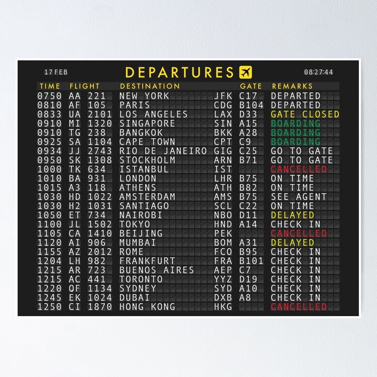 Poster Flight Departures Split Flap Reader Board - No Framed, Vintage ...
