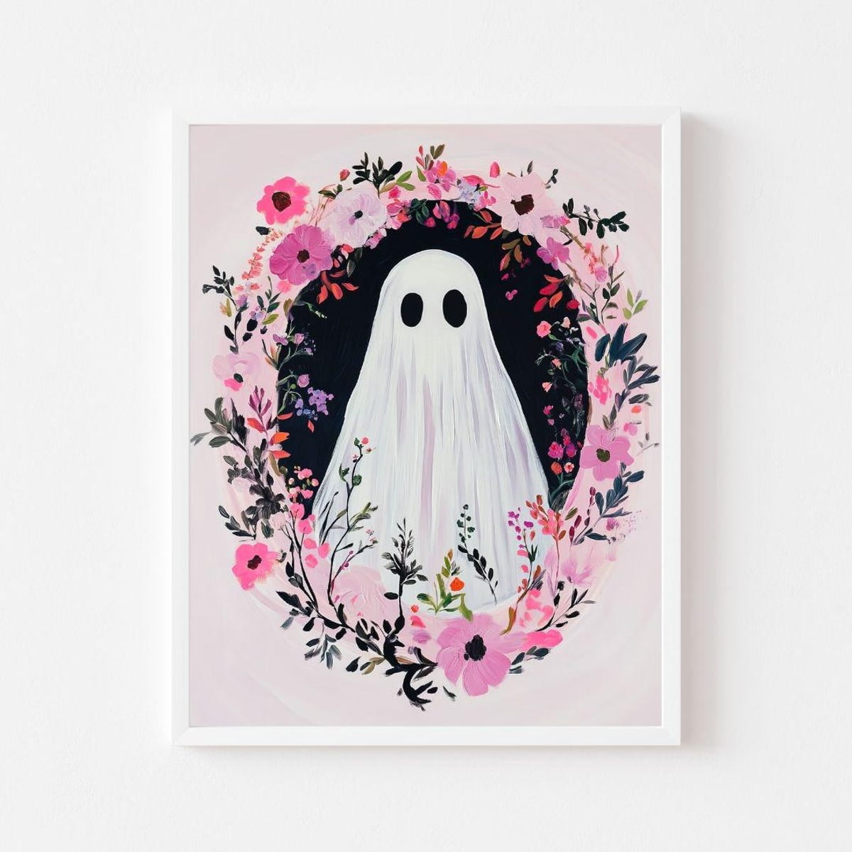 Poster Floral Frame Ghost Portrait Painting | Pink Halloween Wall Art ...