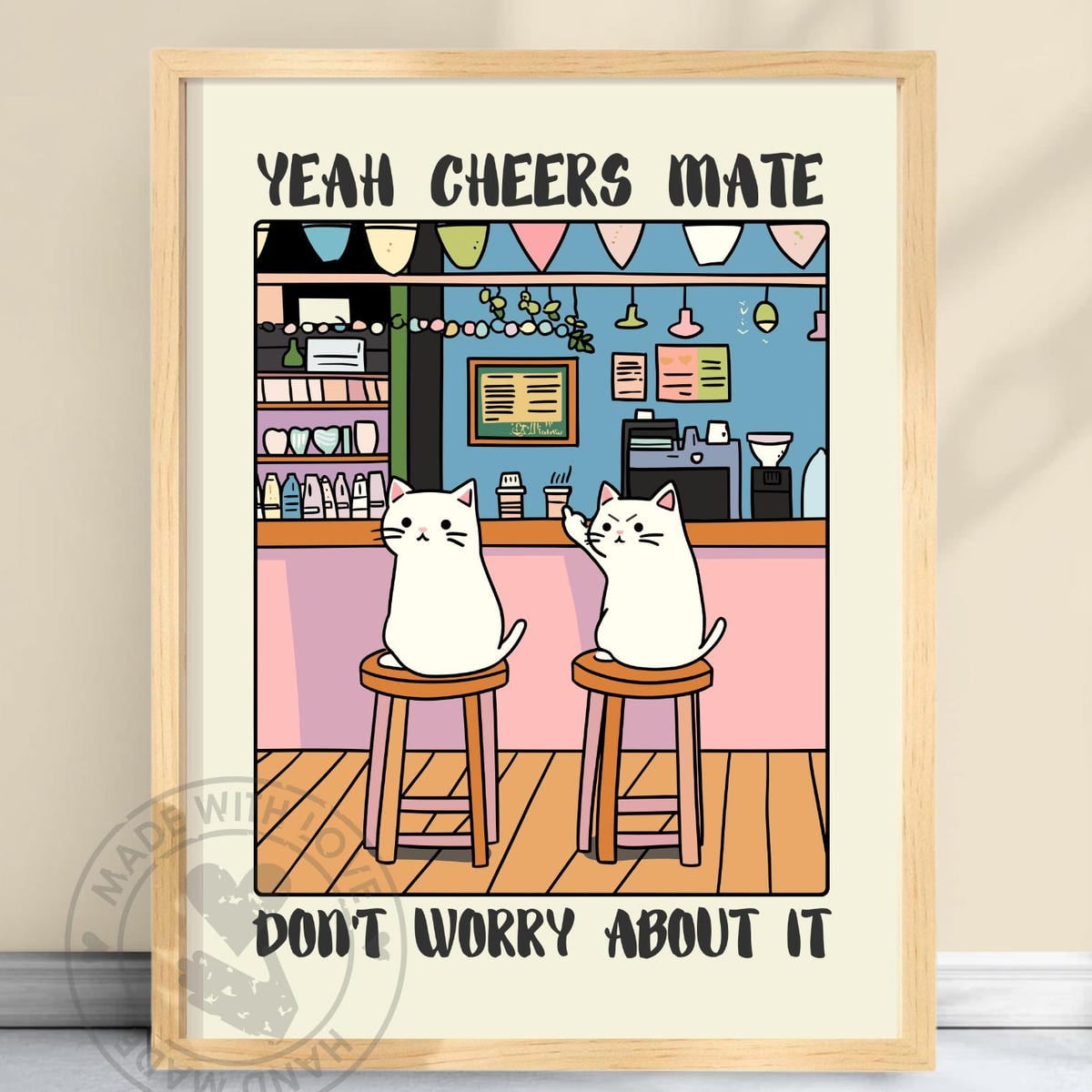 Poster Funny Cat Bar Poster Â€“ Vintage-Style Drinking Art, Quirky Cat Illustration, Cheers Mate ...
