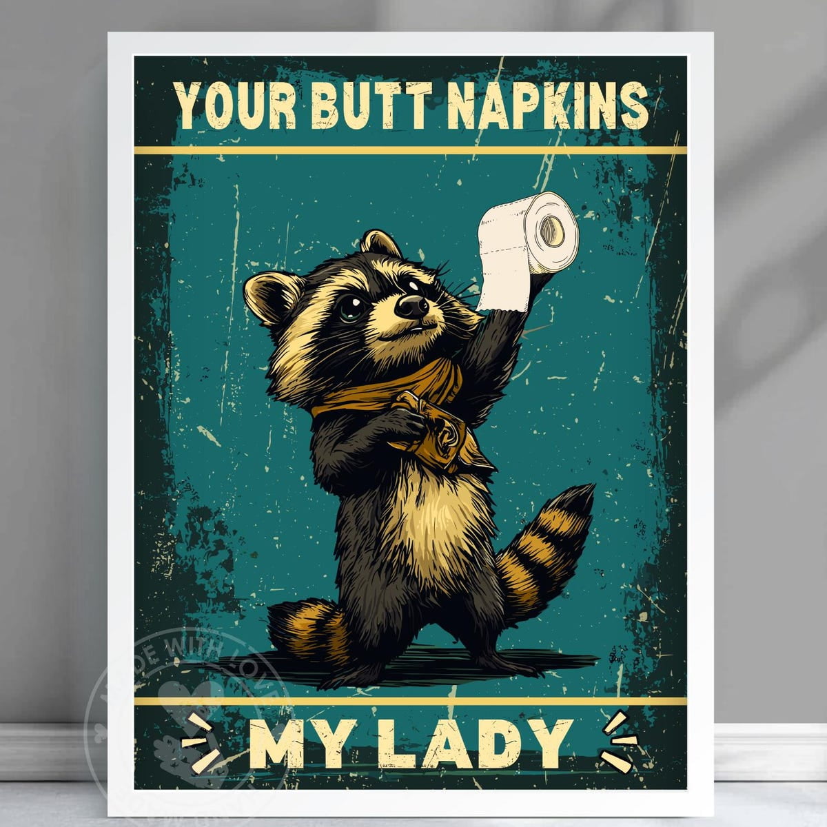 Poster Funny Raccoon Bathroom Print - Vintage-Style Animal Wall Art ...