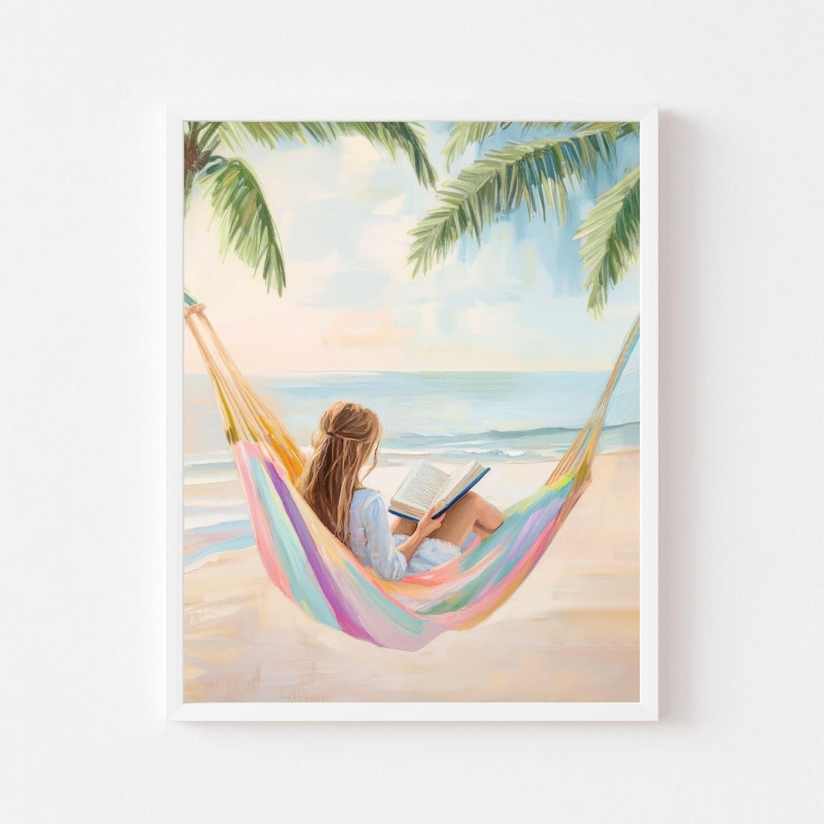 Poster Girl Reading On A Beach Hammock Painting | Coastal Girl'S Room Wall Art Print | Book ...