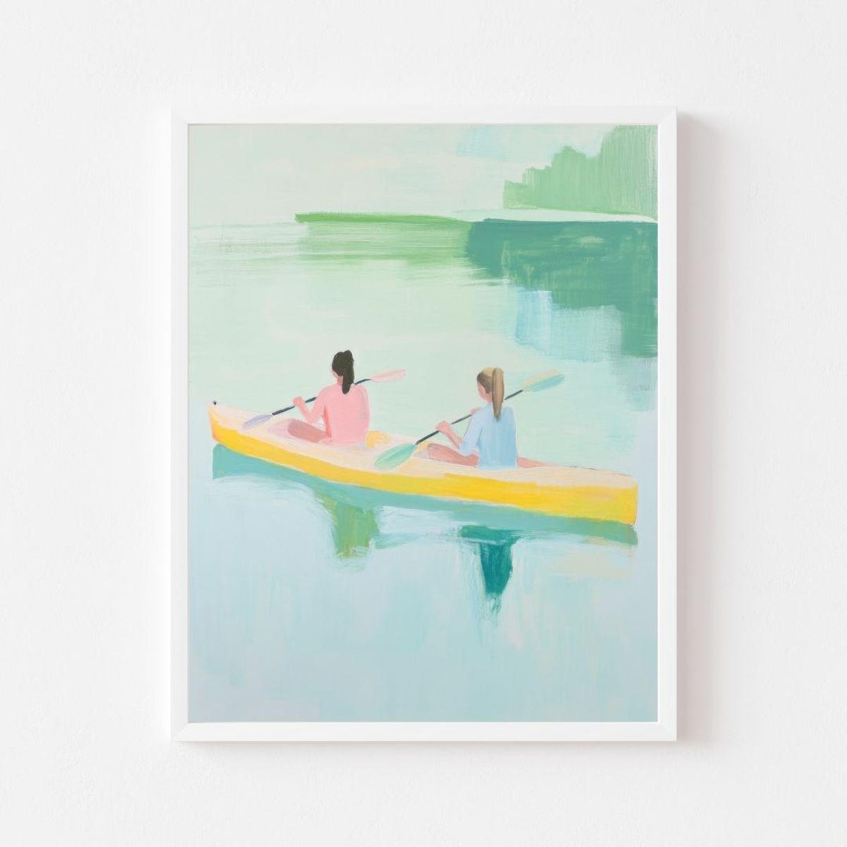 Poster Girls In A Yellow Kayak Painting | Coastal Summer Boat Wall Art ...