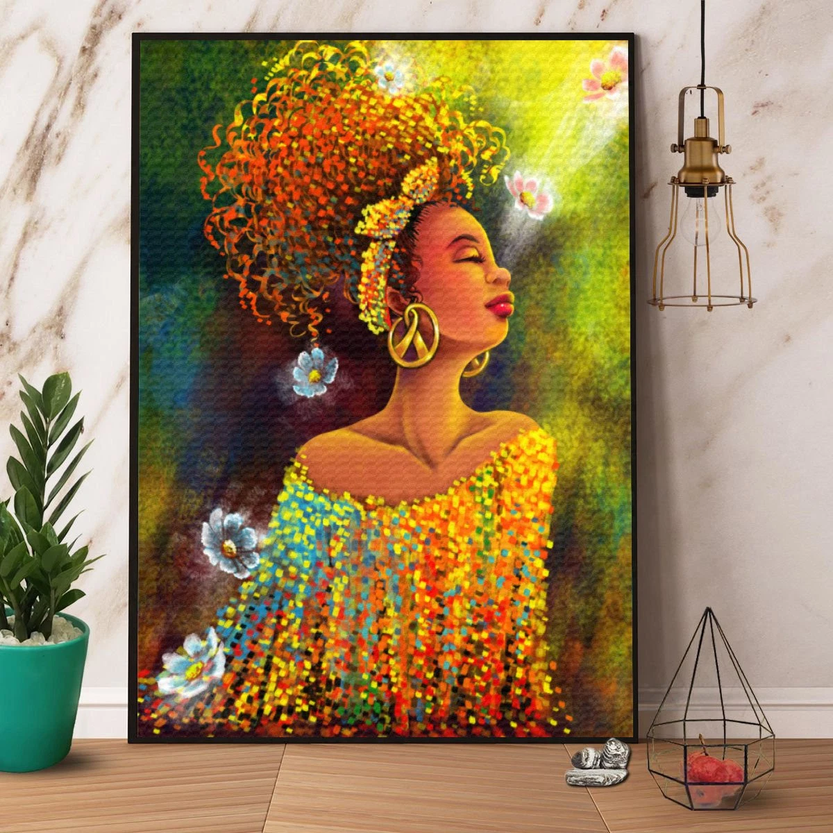 Poster Gorgeous Women Daisy Flowers Fly Yellow Turban Vertical Paper No ...
