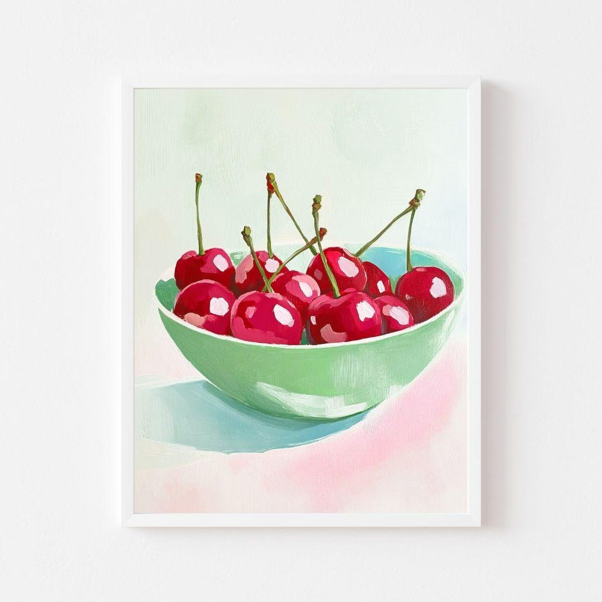 Poster Green Bowl Of Cherries Painting | Colorful Kitchen Food Wall Art ...