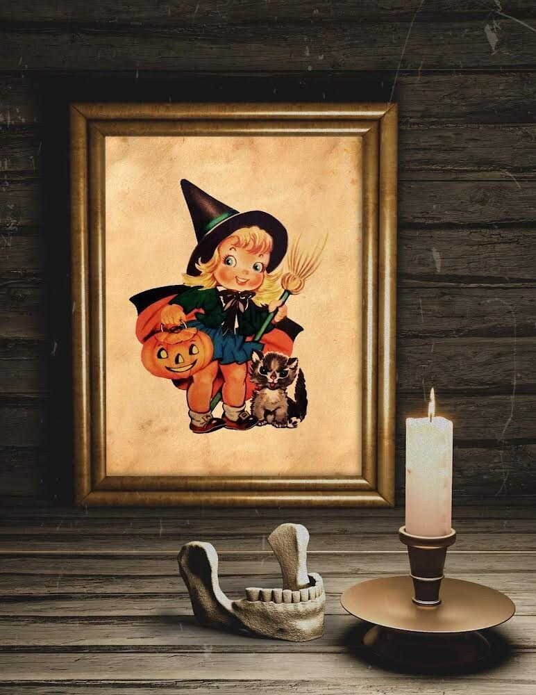 Poster Halloween Vintage Young Witch With Black Cat Art Print, Vintage Halloween, Vintage ...