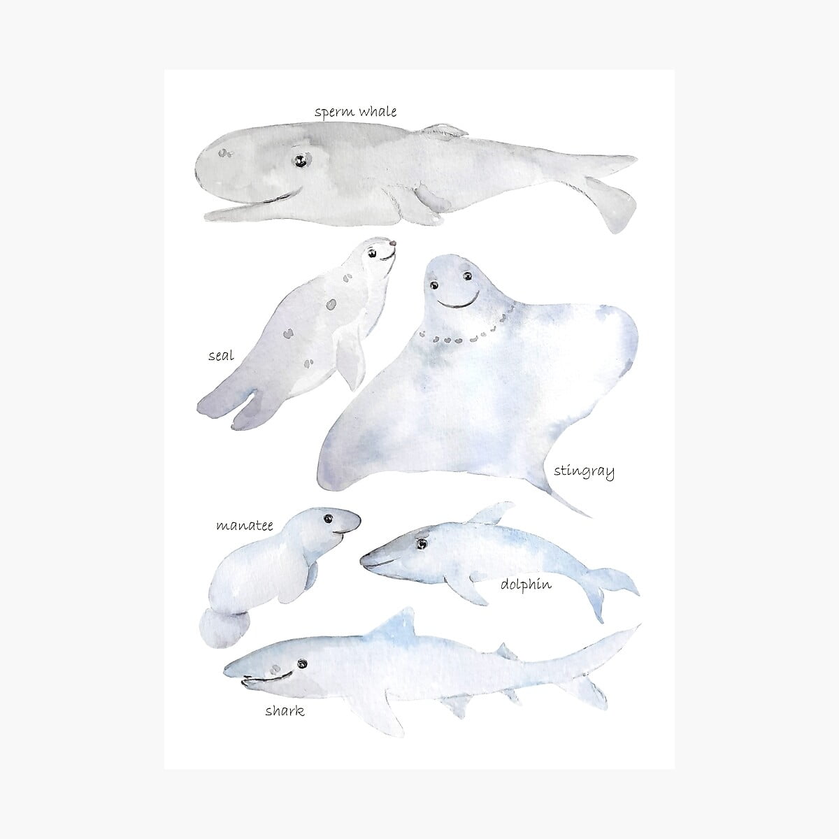 Poster Happy Cute Sea Animals Watercolor Painting Poster No Framed ...