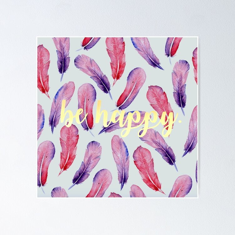 Poster Be Happy Watercolor Feathers Design Poster - No Framed, Vintage ...