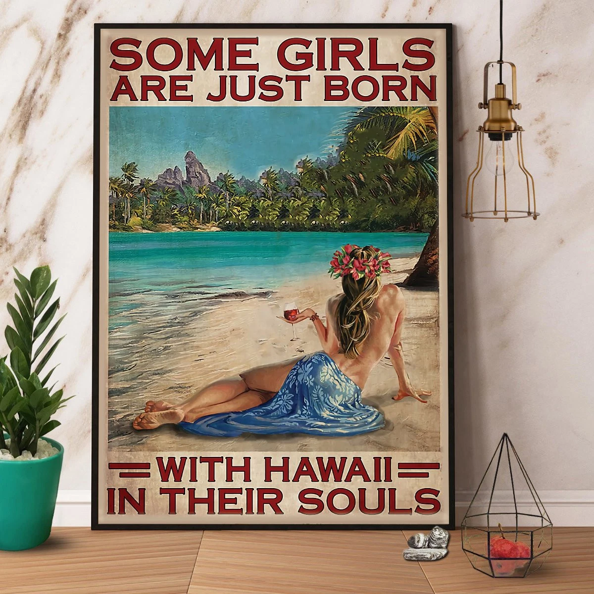 Poster Hawaii Girl & Wine On Beach Some Girls Born With Hawaii Vintage ...