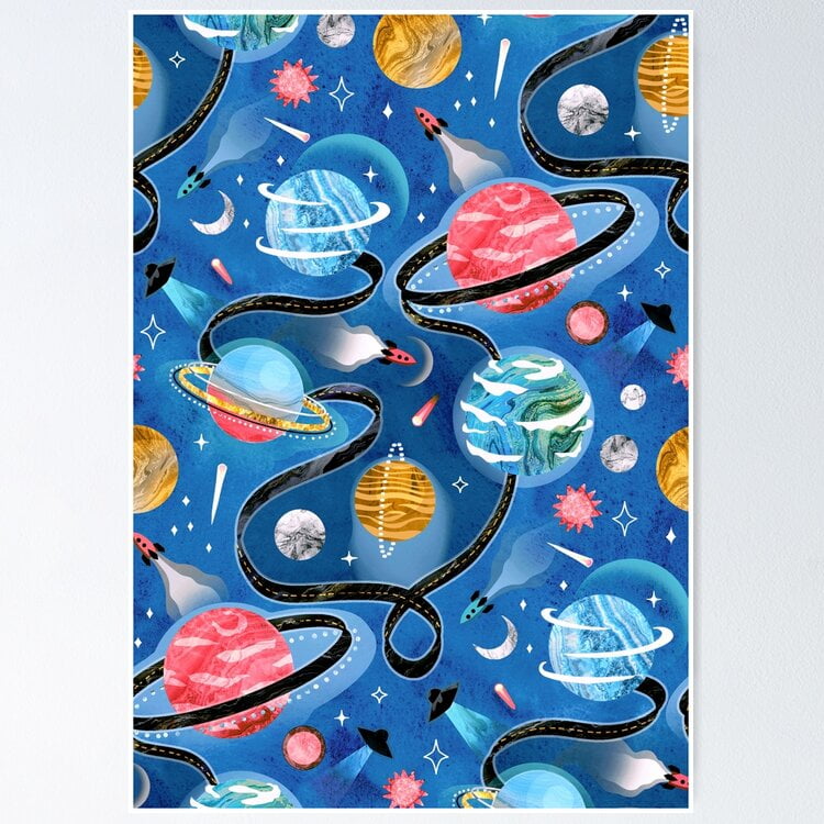 Poster Highway To Intergalactic Adventures - Cerulean Blue, Pink ...