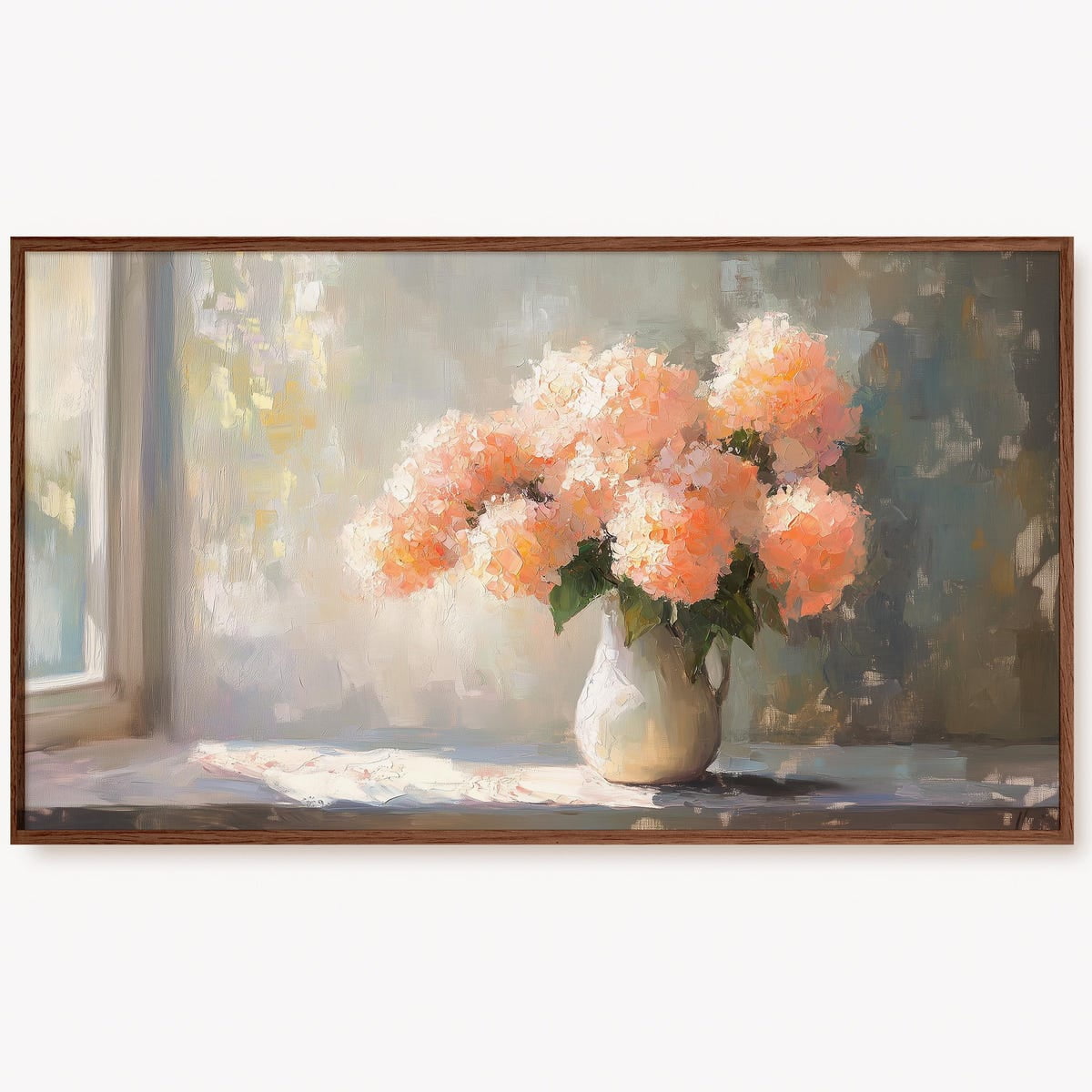 Poster Hydrangea Tv Art Spring Frame Tv Art Peach Hydrangeas Stone Jar ...