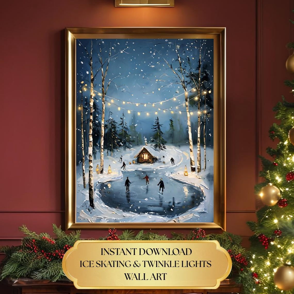 Poster Ice Skating And Twinkle Lights Wall Art, Vintage Wall Art, Snowy ...