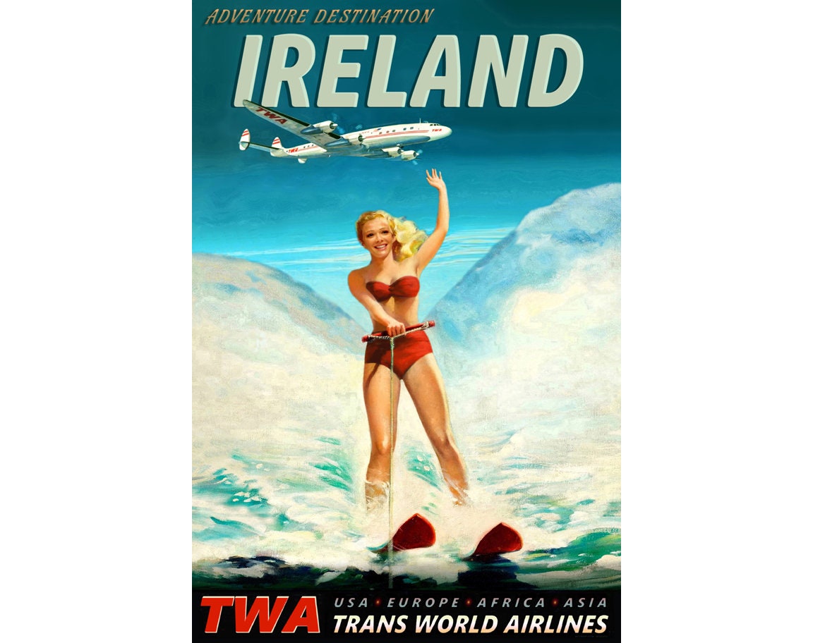 Poster Ireland TWA Trans World Airlines Poster New Retro Waterski Lauren Pin Up Irish Travel Art ...