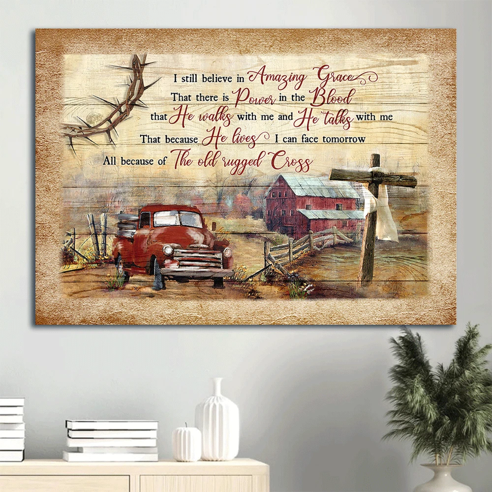 Poster Jesus Farm Painting, Red Truck, Wooden Cross Gift For Christian ...