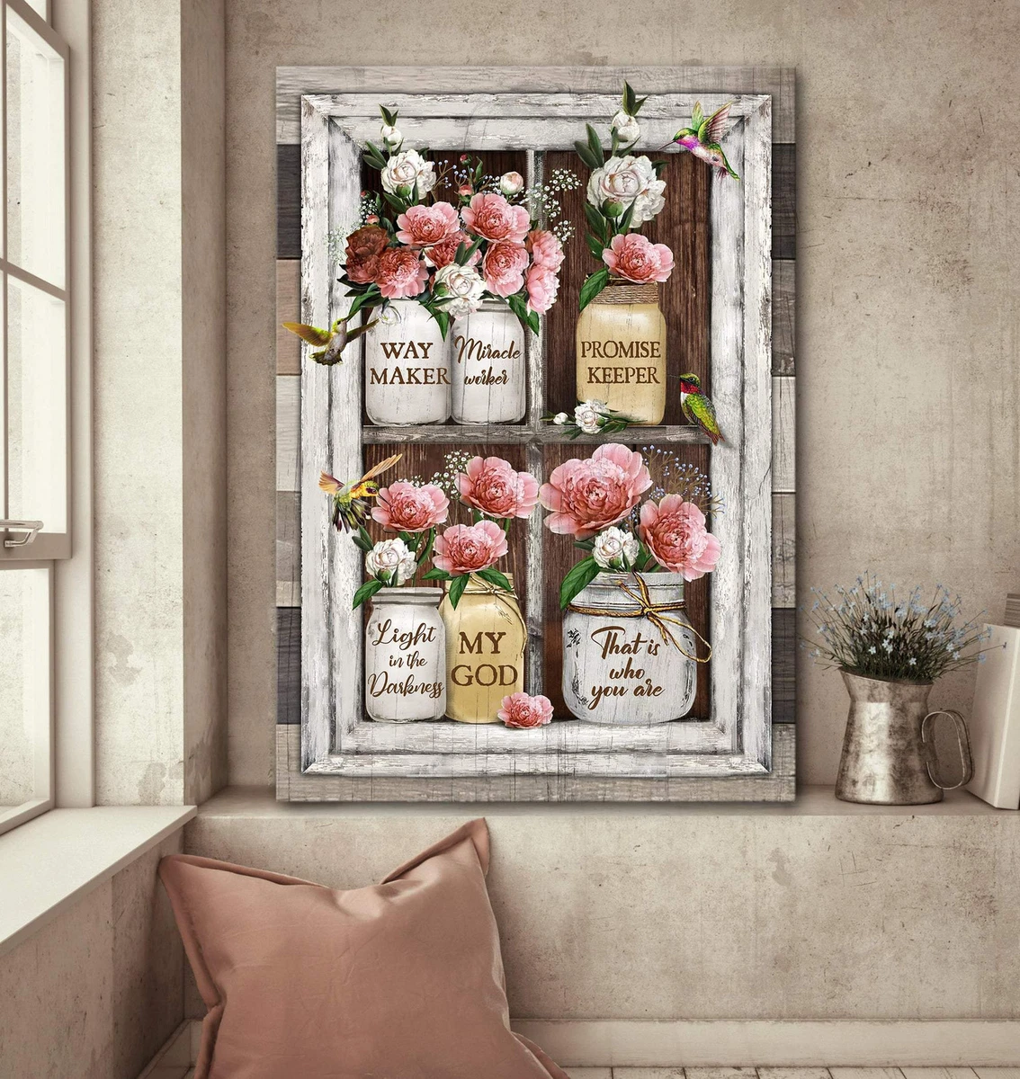 Poster Jesus - Garden Rose And Hummingbird - My God Is The Light In ...