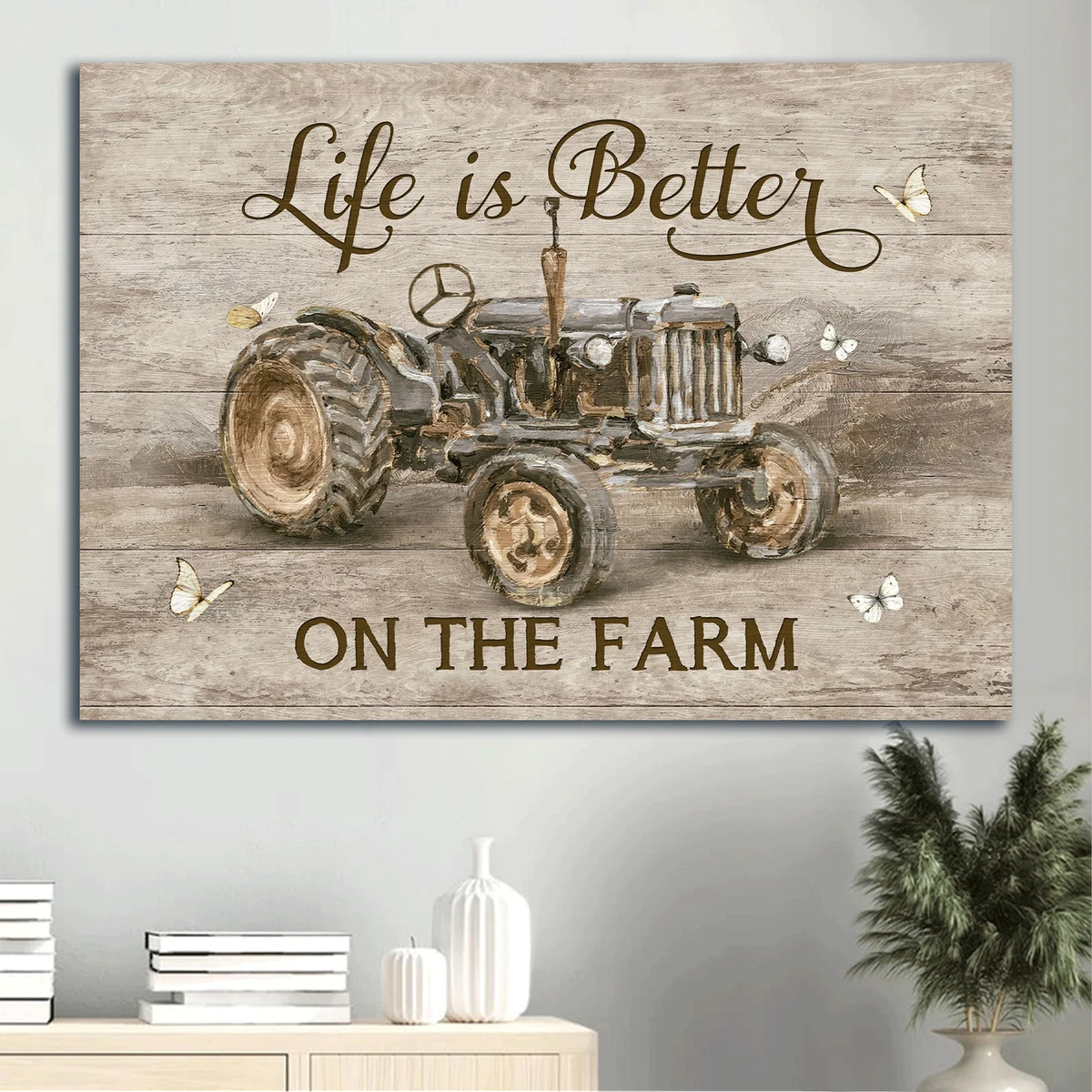Poster Jesus Landscape, -Antique Tractor, Farm Drawing, White Butterfl ...