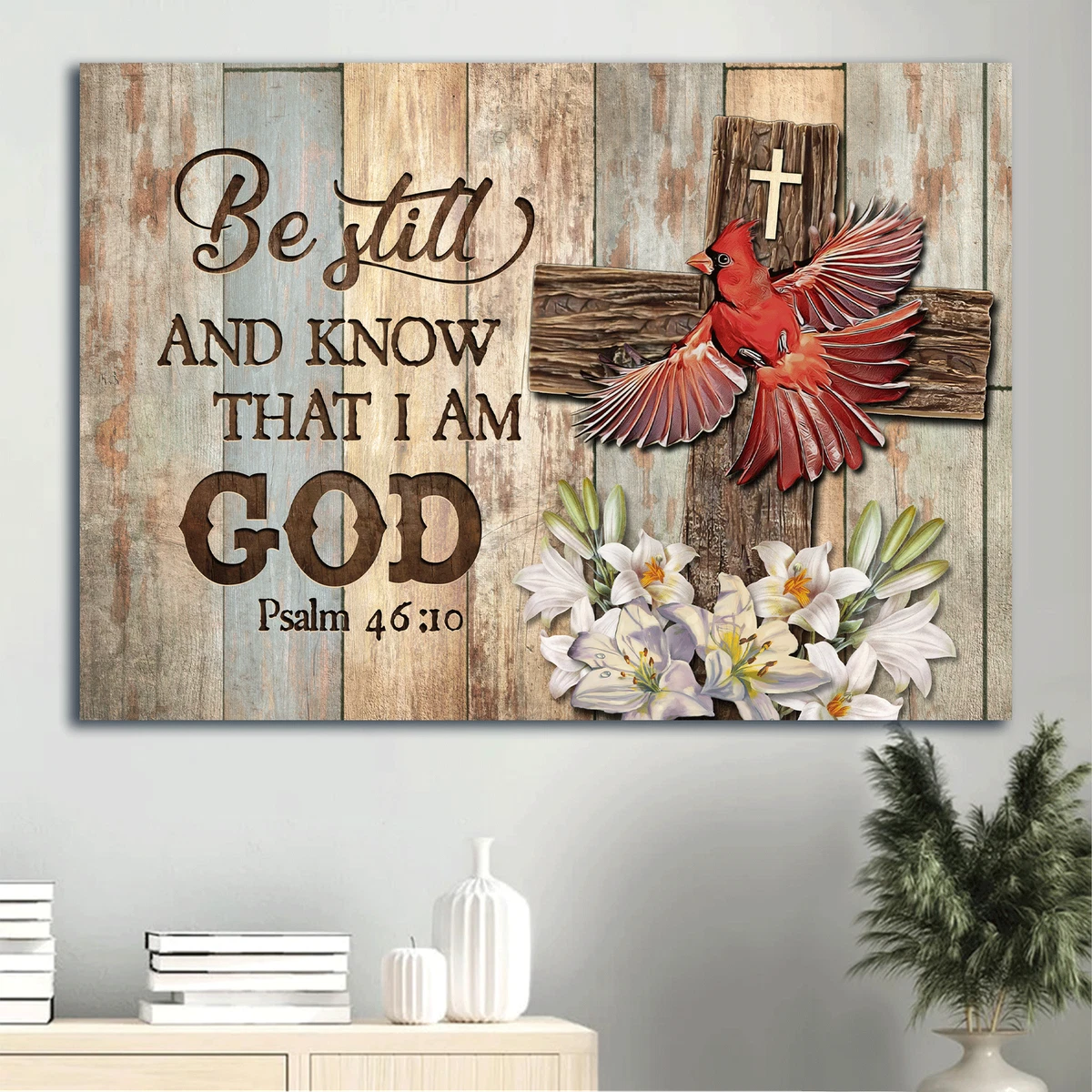 Poster Jesus Landscape , - Awesome Red Cardinal, Wooden Cross, Lily ...