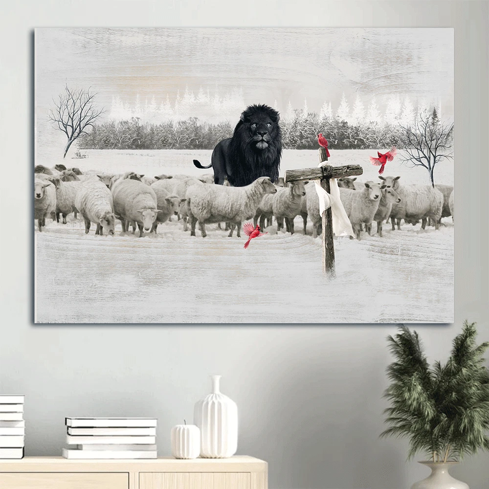 Poster Jesus Landscape , - Lion, Lamb Farm, Red Cardinal, Cross Sy ...
