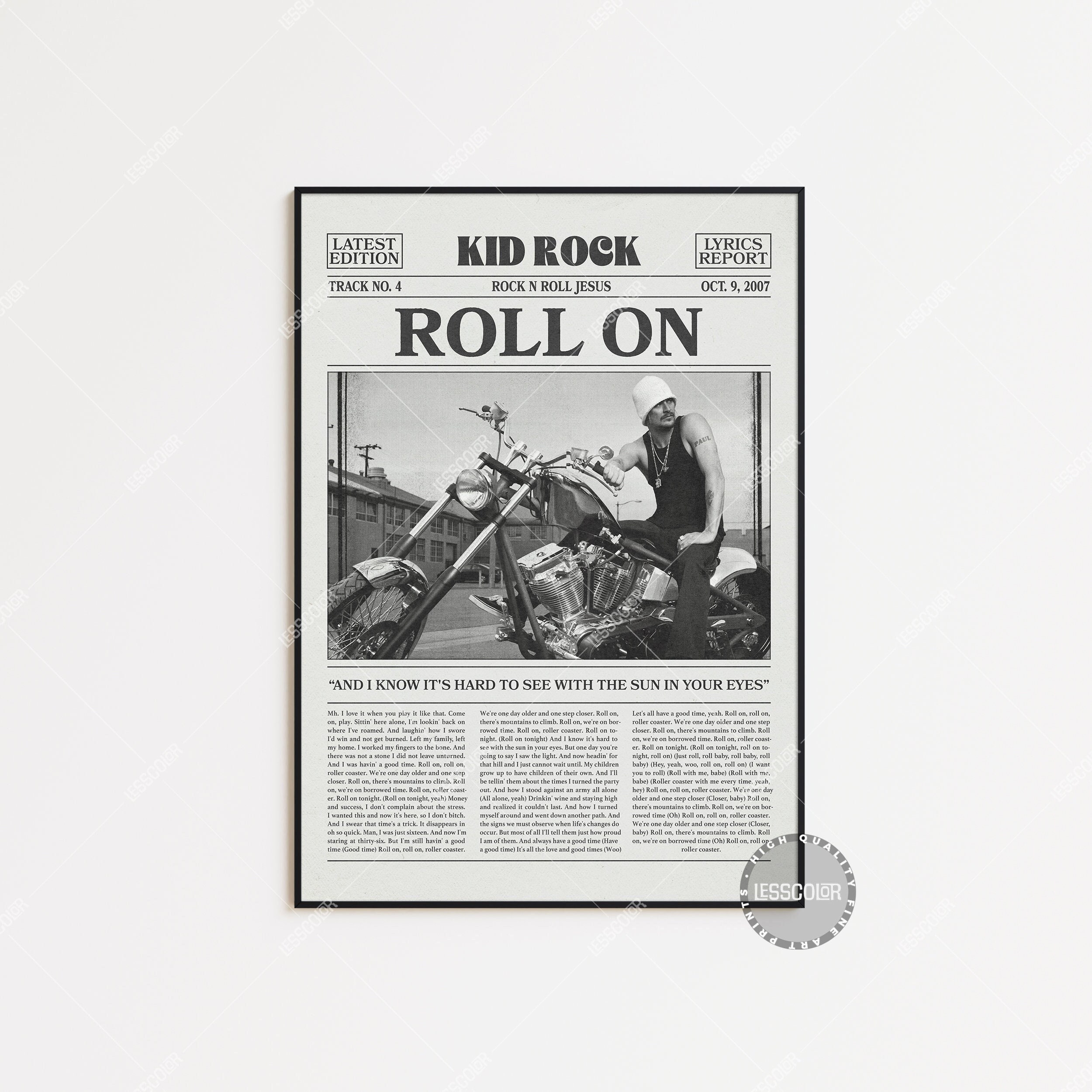 Poster Kid Rock Retro Newspaper Print, Roll On Poster, Roll On Lyrics ...