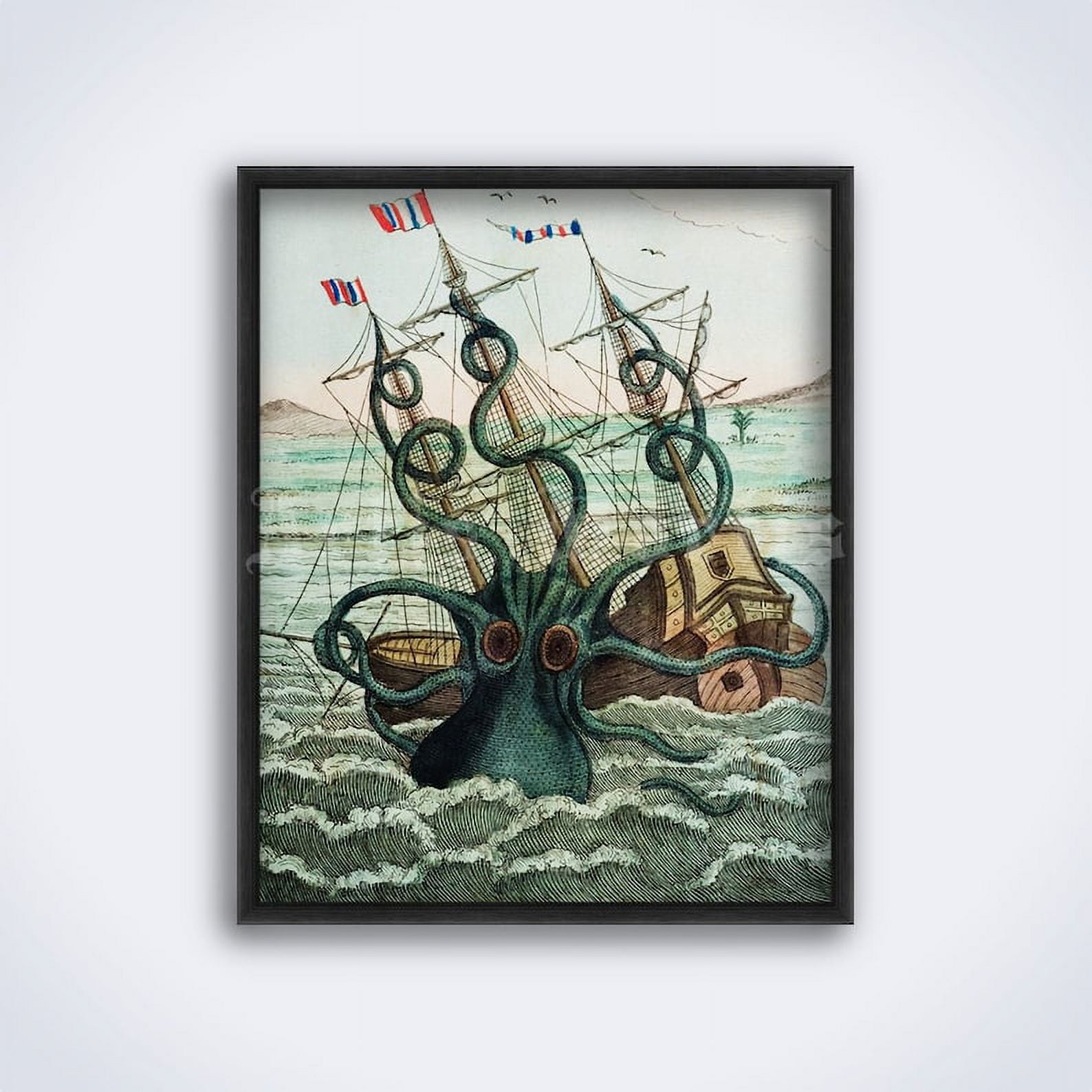 POSTER Kraken colorised engraving print, giant octopus, sea monster ...
