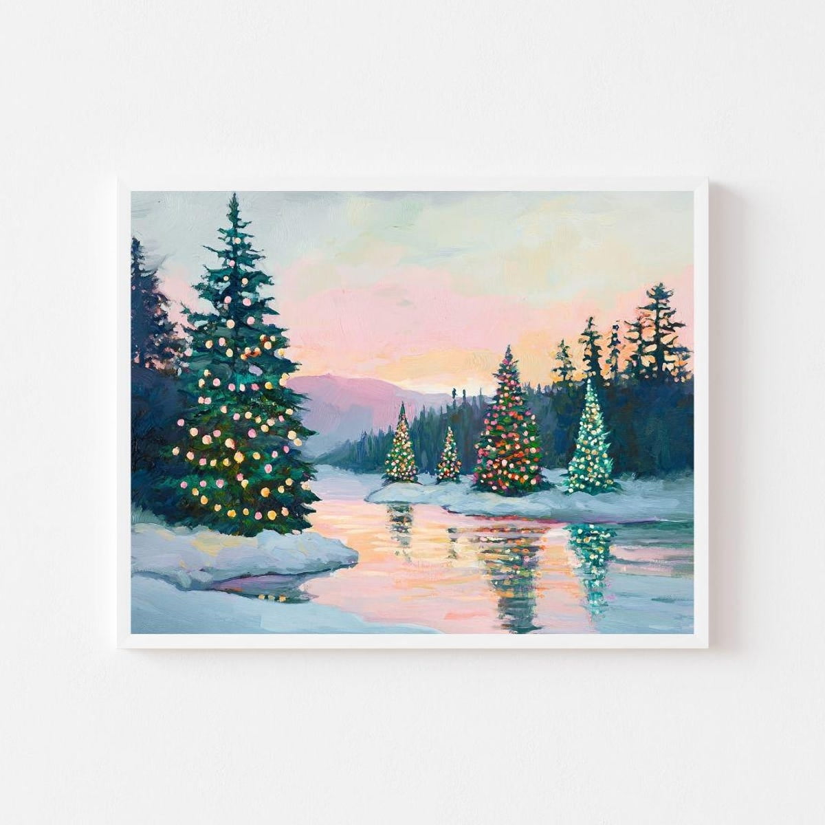 Poster Landscape With Christmas Trees Painting | Pastel Snowy River ...