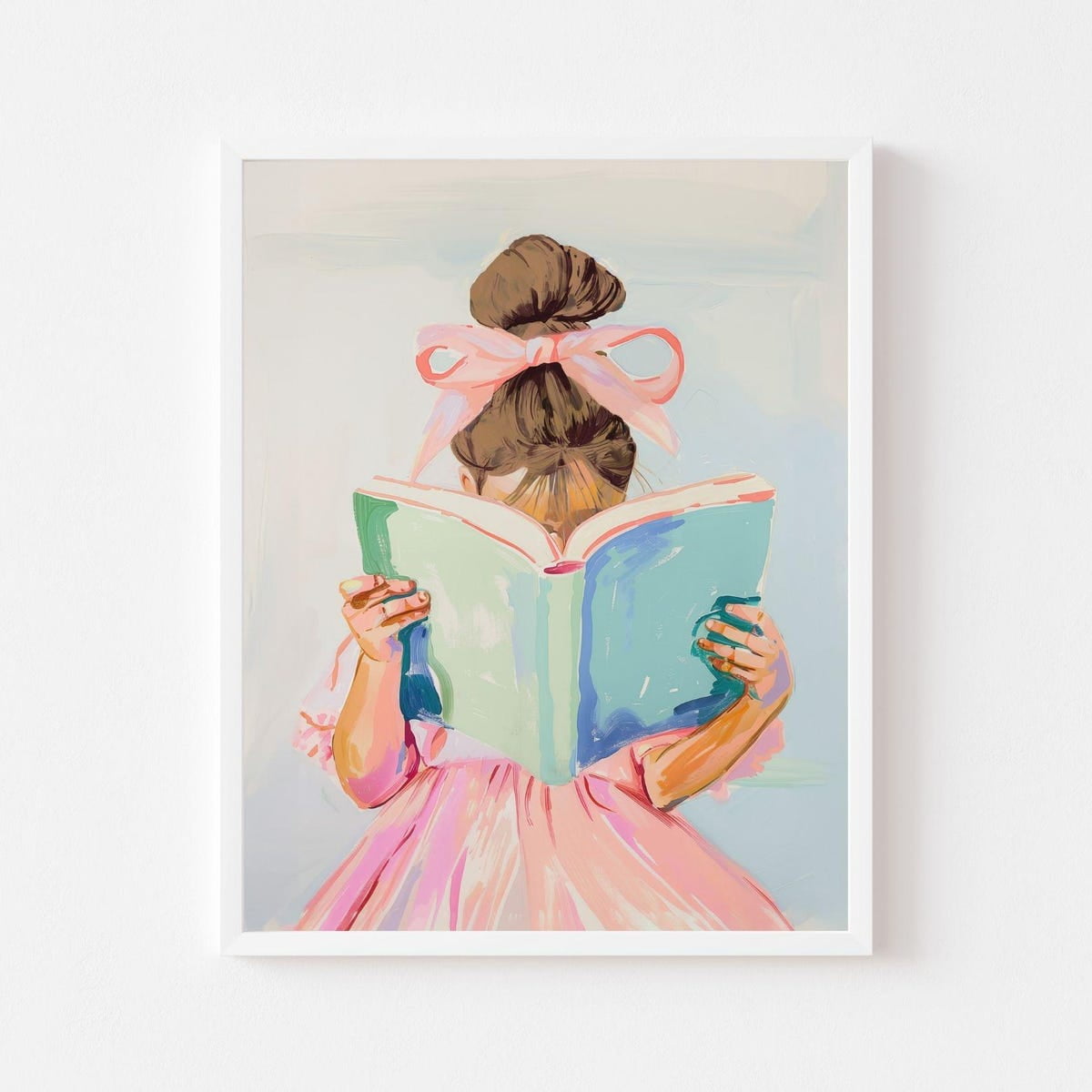 Poster Little Brunette Girl Reading Painting | Pastel Book Nook Wall ...