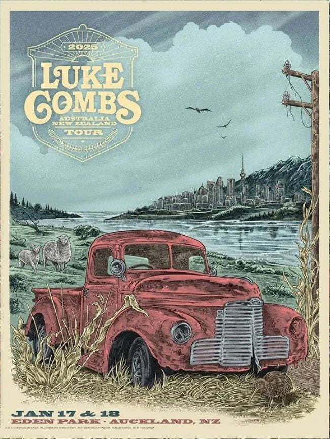 Poster Luke Combs in Auckland, NZ on Jan 2025 Tour Poster Retro Style ...