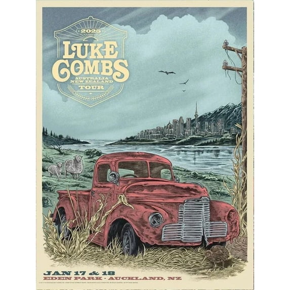 Poster Luke Combs in Auckland, NZ on Jan 2025 Tour Poster Retro Style ...