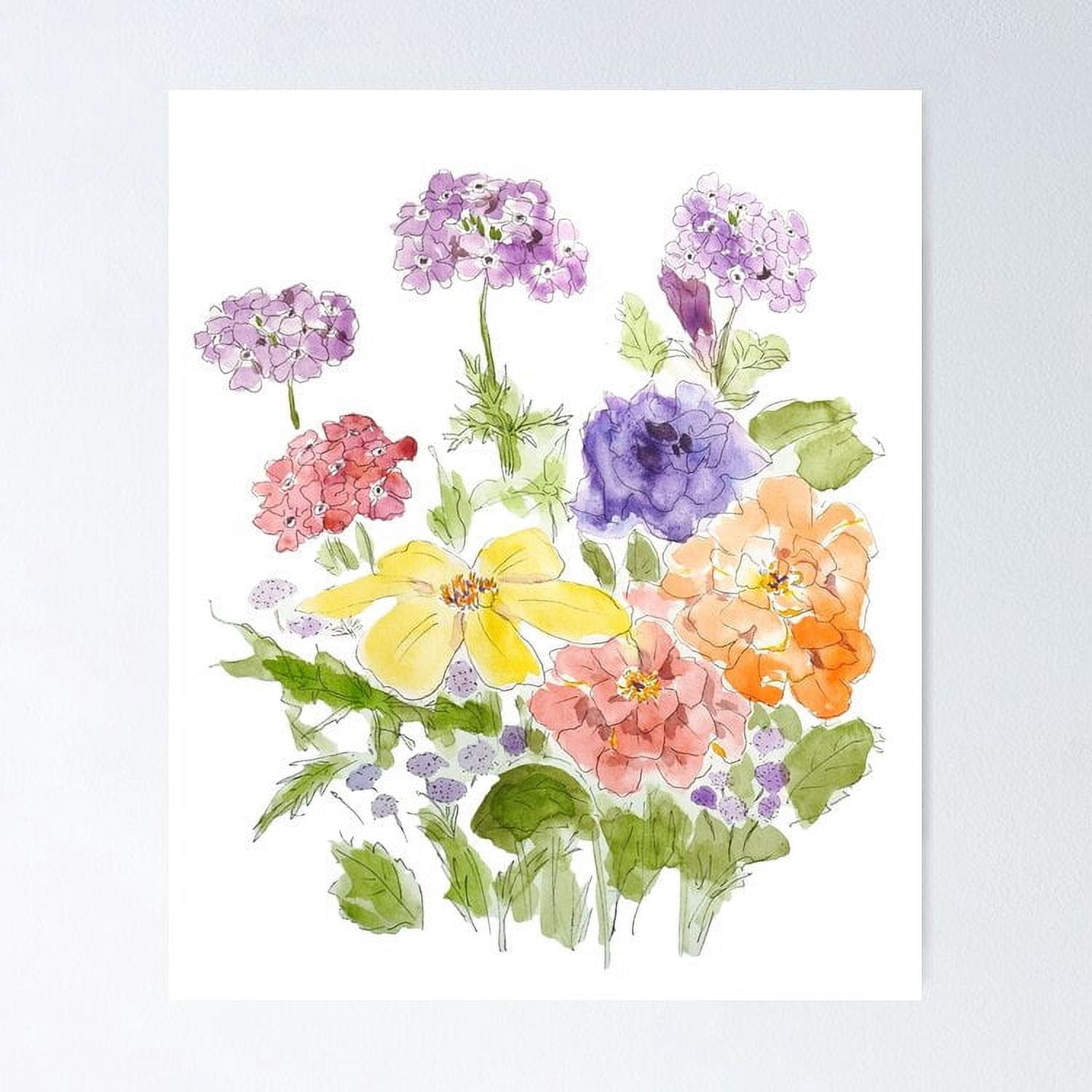Poster Marigold Verbena And Petunia Ink And Watercolor Hand Painted ...