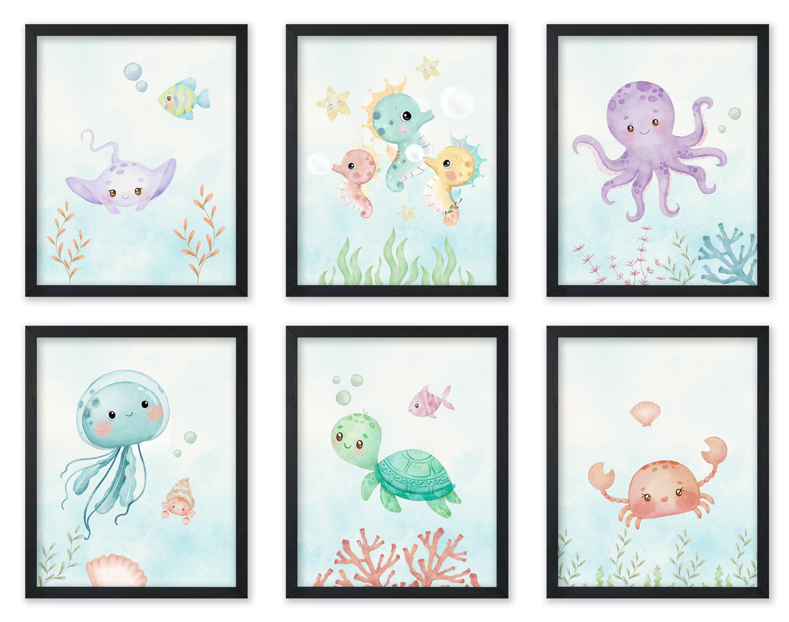 Poster Master 6-Piece Sea Animals Poster - Aquatic Print - Pastel Color ...
